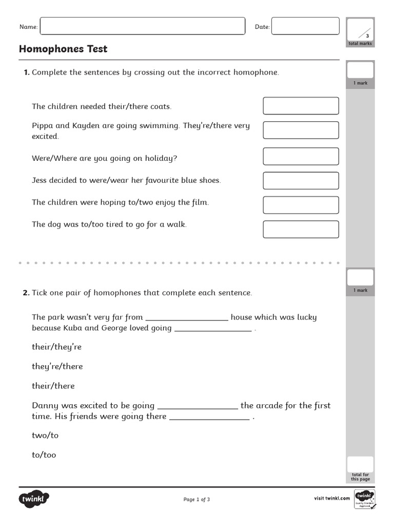Homophones Mini Test Ver 1 | PDF