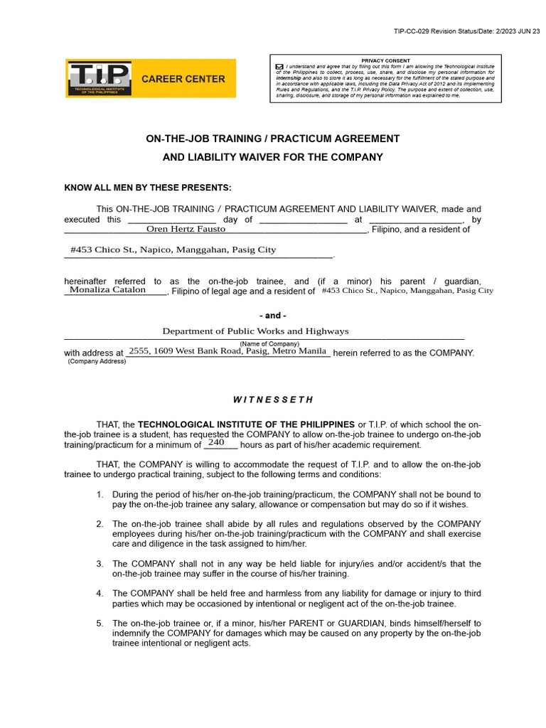Tip-Cc-029 On - The - Job Training - Practicum Agreement For The Company PDP | PDF | Legal ...