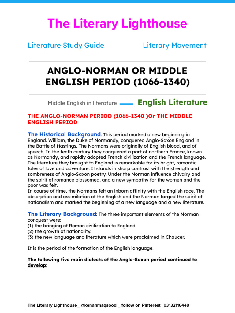 Anglo Norman or Middle English Literature Study Guide Notes by The ...