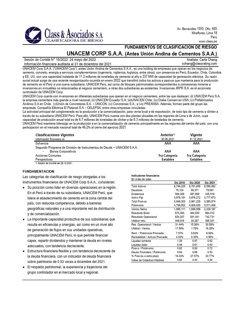 UNACEM Corp: Análisis de Riesgo y Perspectivas | PDF | Perú | Cemento