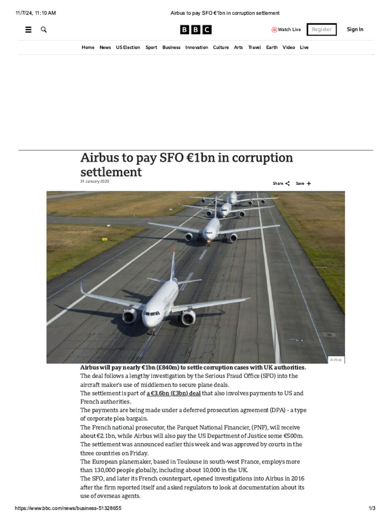 Airbus To Pay SFO 1bn in Corruption Settlement | PDF