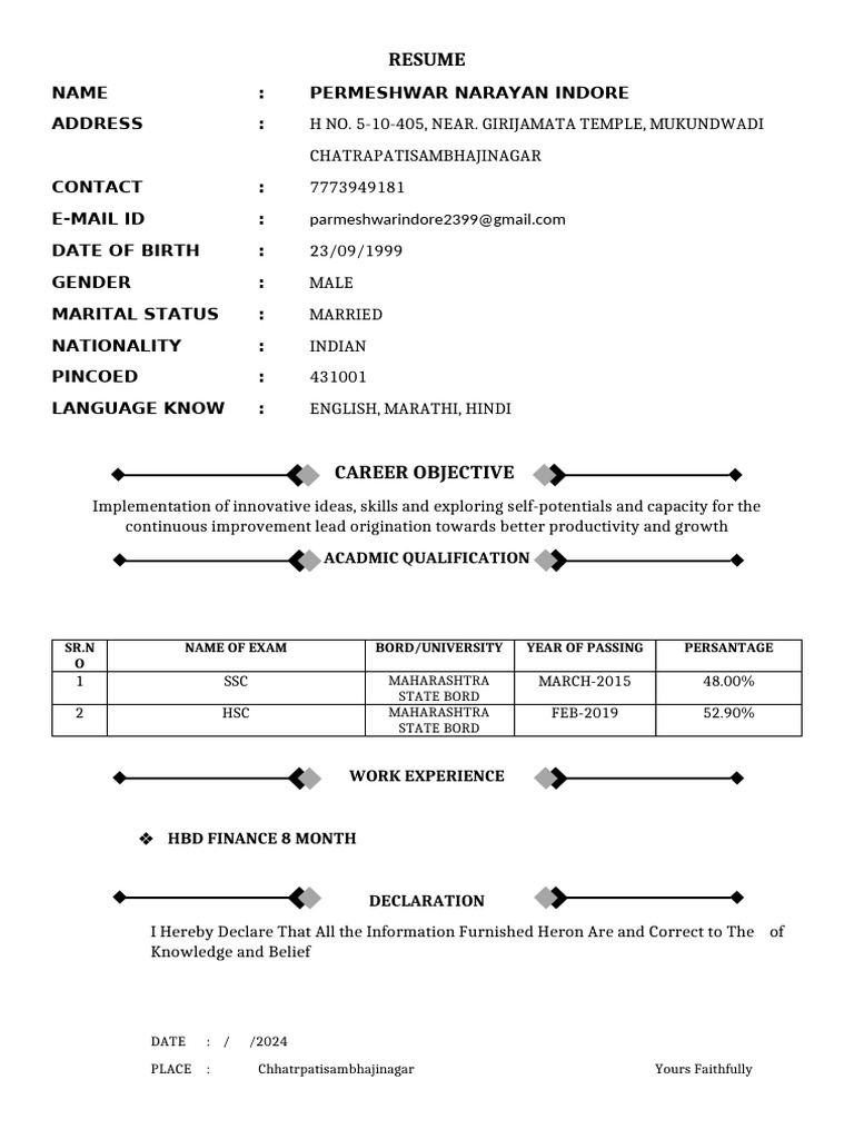 Resume: Name: Permeshwar Narayan Indore Address | PDF