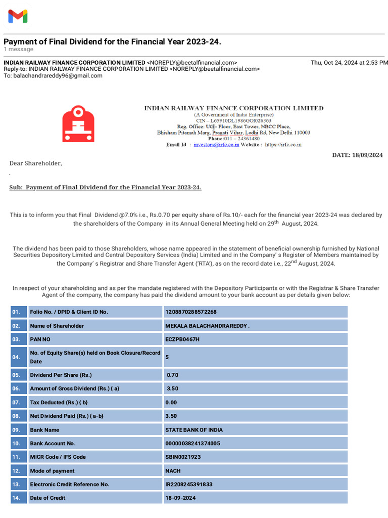 Gmail - Payment of Final Dividend For The Financial Year 2023-24. | PDF ...