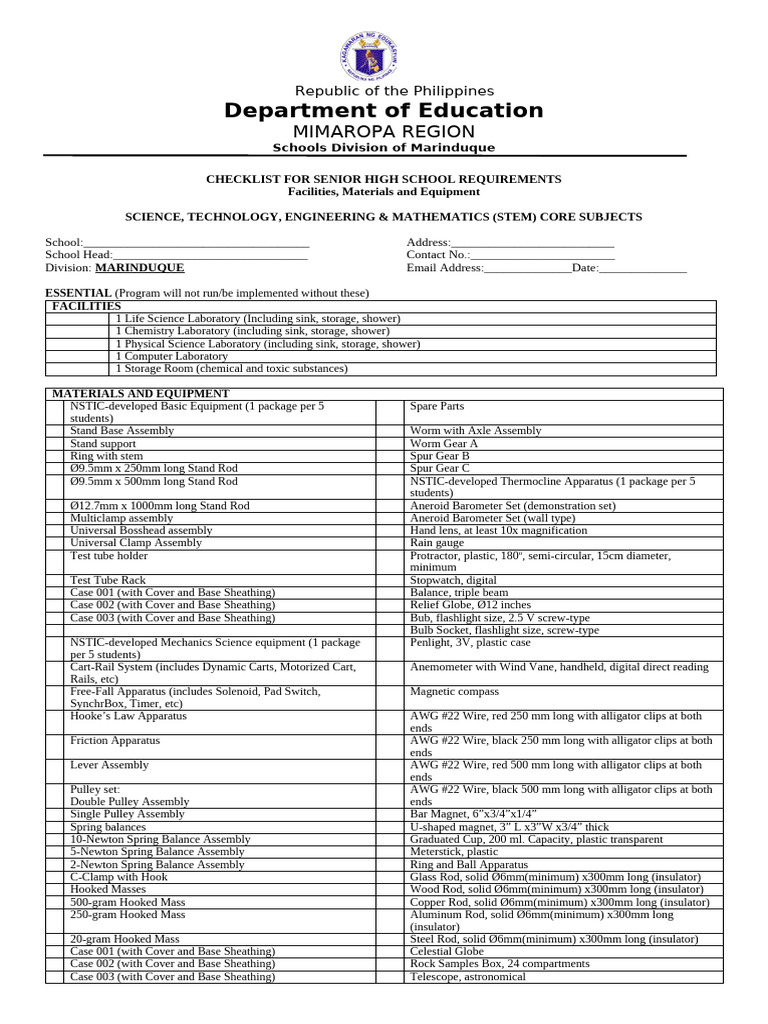 Checklist of Stem Requirements SHS Stem | PDF | Glasses
