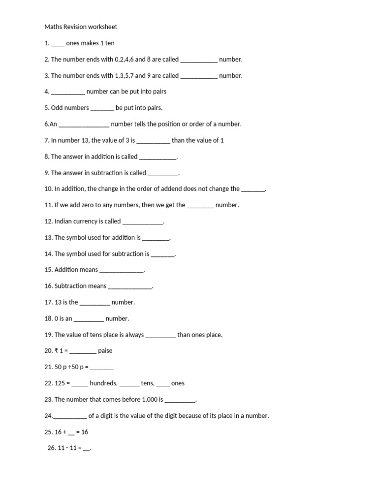 Term 1 Maths Revision Worksheet | PDF | Semiotics | Numbers