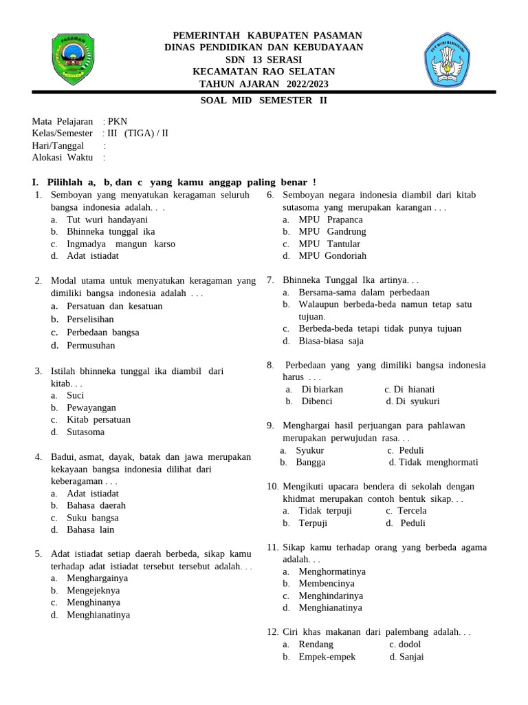 Soal PKN Pas Semester 2 Kelas 3. | PDF