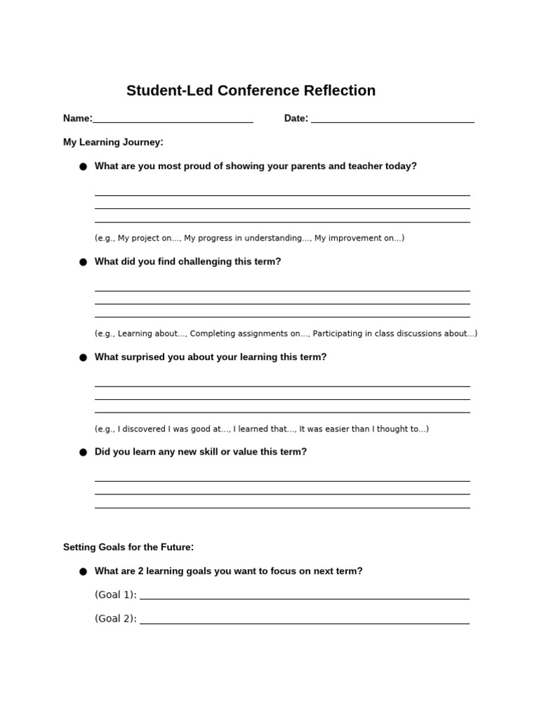 Student-Led Conference Reflection: (Goal 1) : (Goal 2) | PDF | Self ...