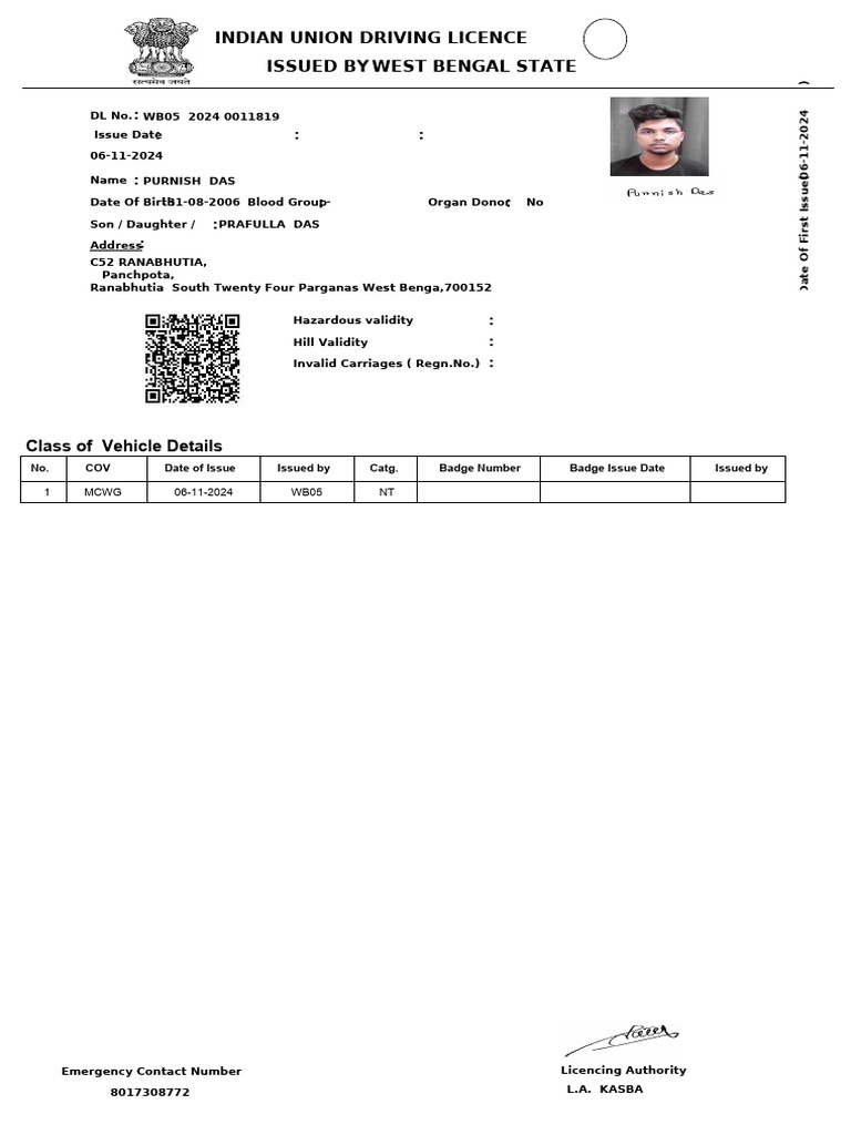 West Bengal Indian Union Driving Licence | PDF
