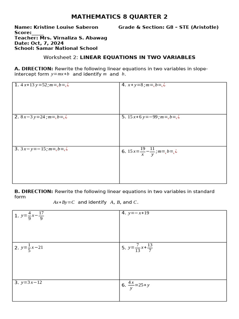 Linear Equations in Two Variables | PDF | Teaching Methods & Materials