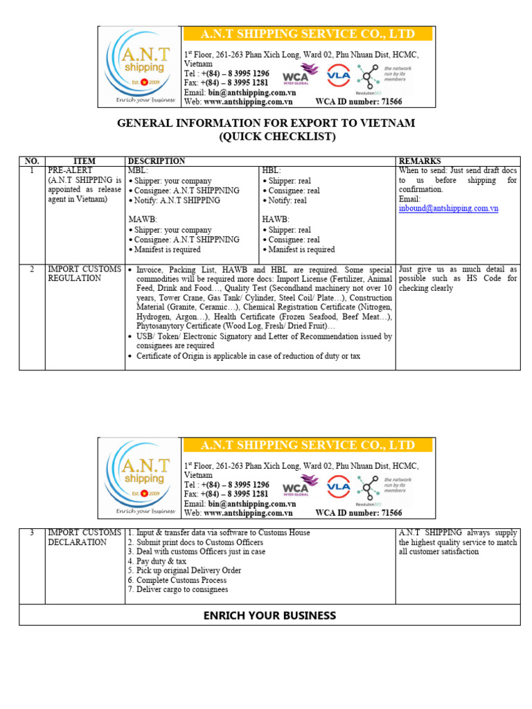 Quick Checklist A.N.T Shipping | PDF | Customs