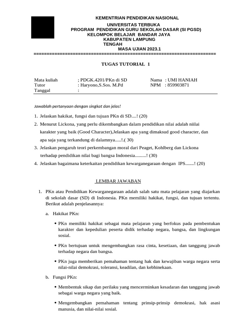 Soal Quis 1 PKN 4201 | PDF | Kesehatan Holistik | Sains & Matematika