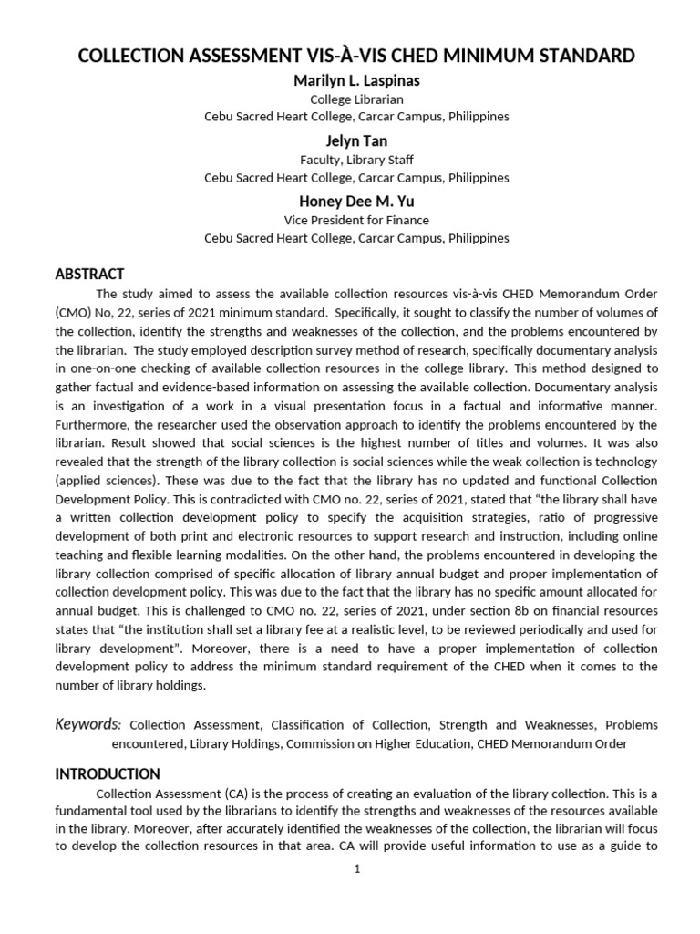1049 - Collection Assessment Vis-À-Vis Ched Minimum Standard | PDF
