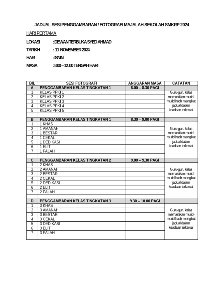Jadual Sesi Fotografi SMKRP 2024 | PDF
