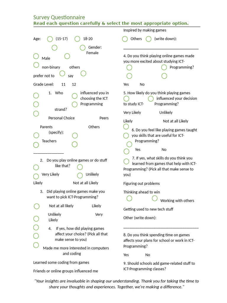 Survey Questionnaire ICT Programming Strand Selection | PDF ...