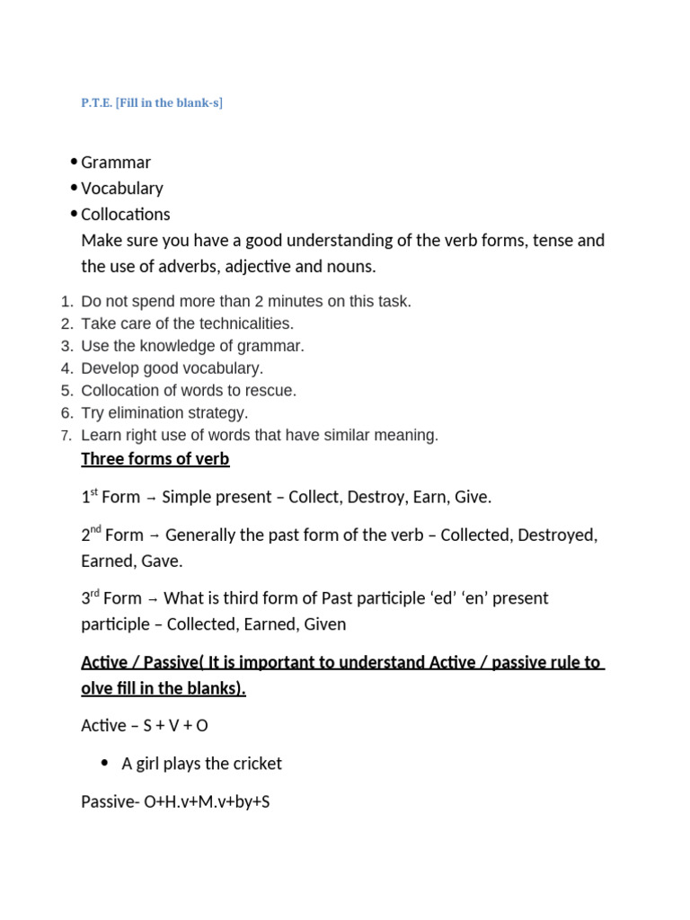 PTE Fill-in-the-Blanks Guide | PDF | Verb | Linguistic Morphology
