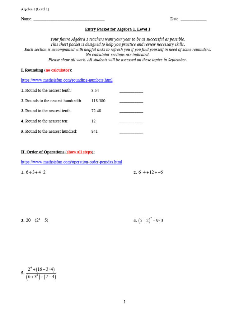 Algebra 1 Summer Packet 2020 | PDF | Mathematical Objects | Algebra