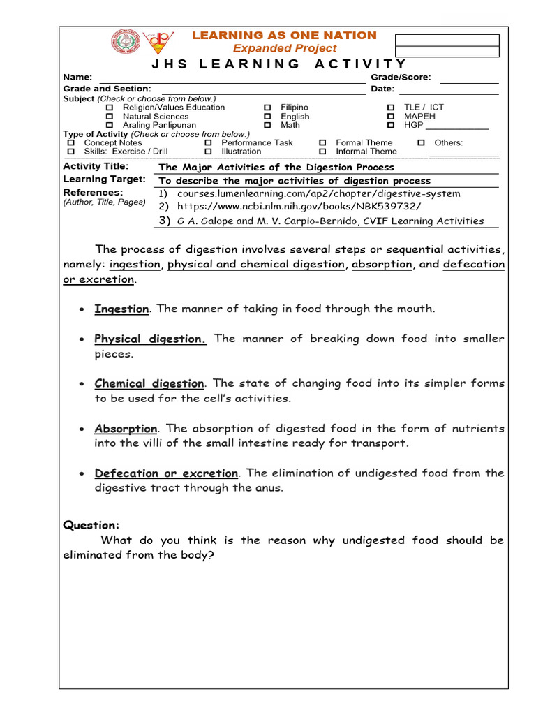 Science 8 Biology LAS 3 the Major Activities of the Digestion Process ...
