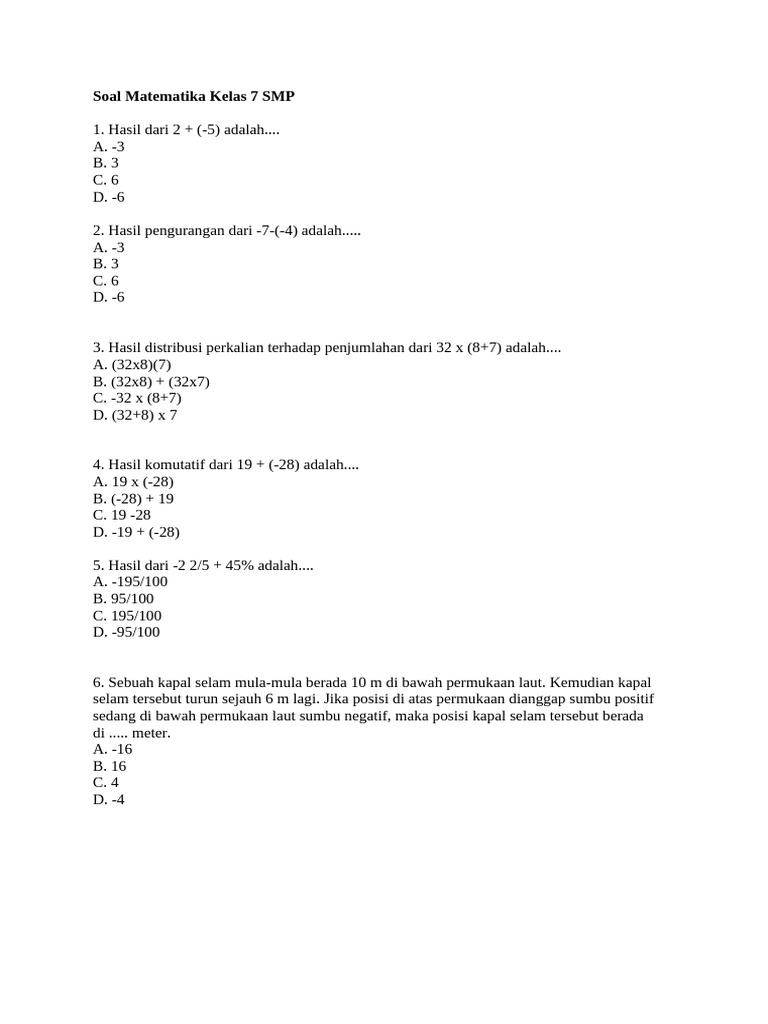 Soal Soal MTK KLS 7 SMP | PDF