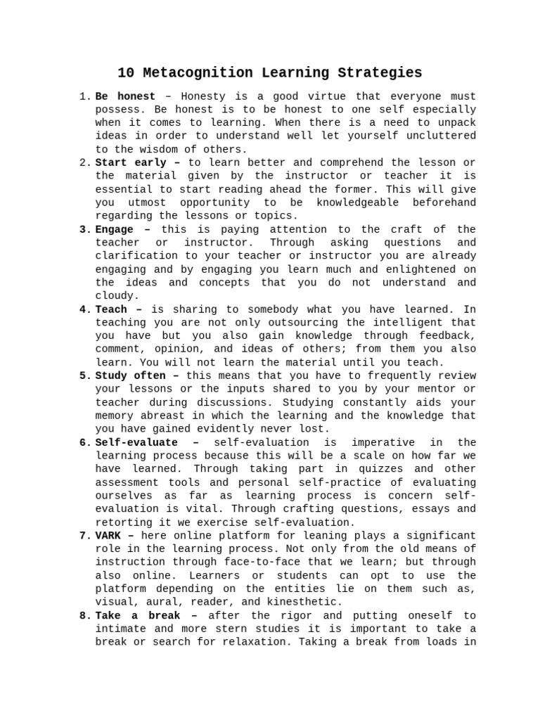 10 Metacognition Learning Strategies | PDF | Learning | Teachers