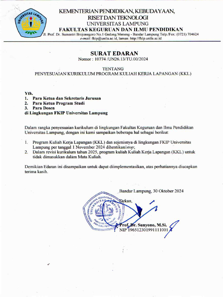 Surat Edaran - Penyesuaian Kurikulum Program KKL | PDF