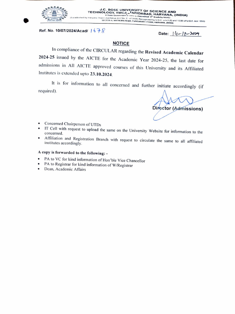 Notice For Extension of Last Date For Admission For Aicte Approved Course | PDF