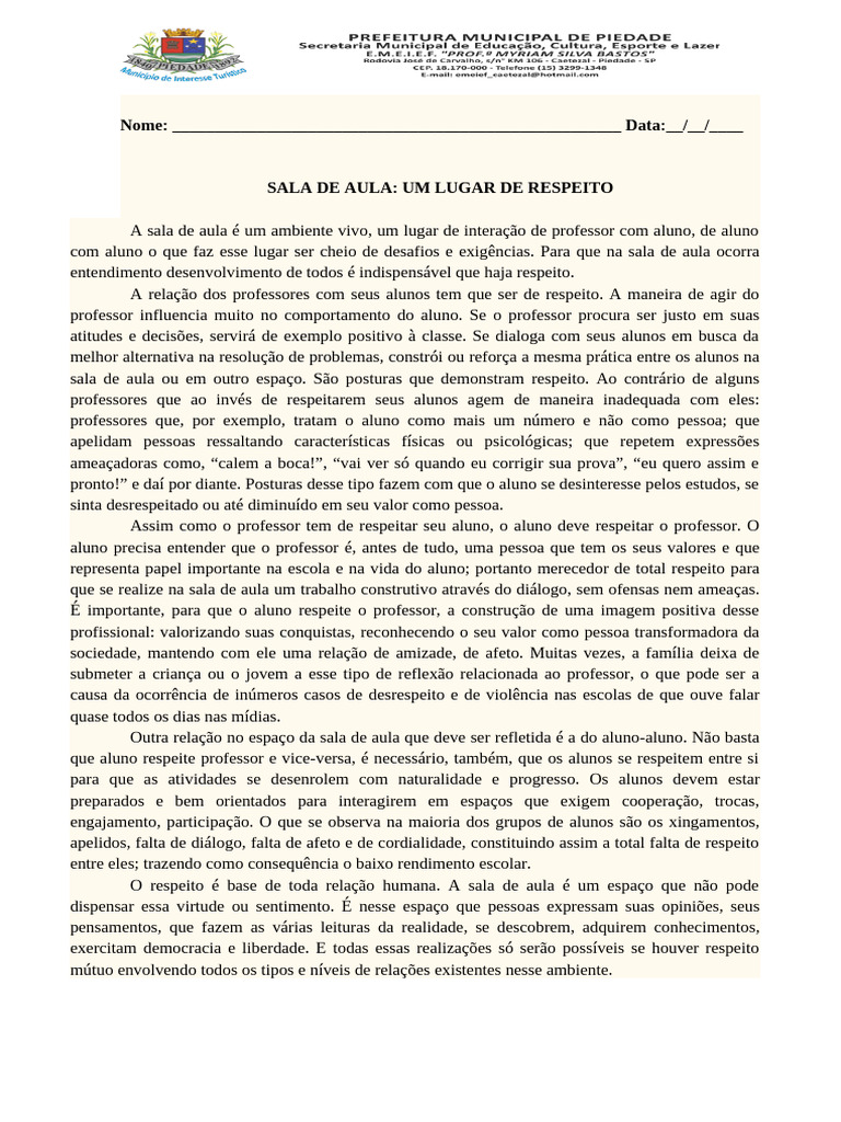 Texto Sobre Respeito - Acolhimento | PDF | Afeto (Psicologia) | Família