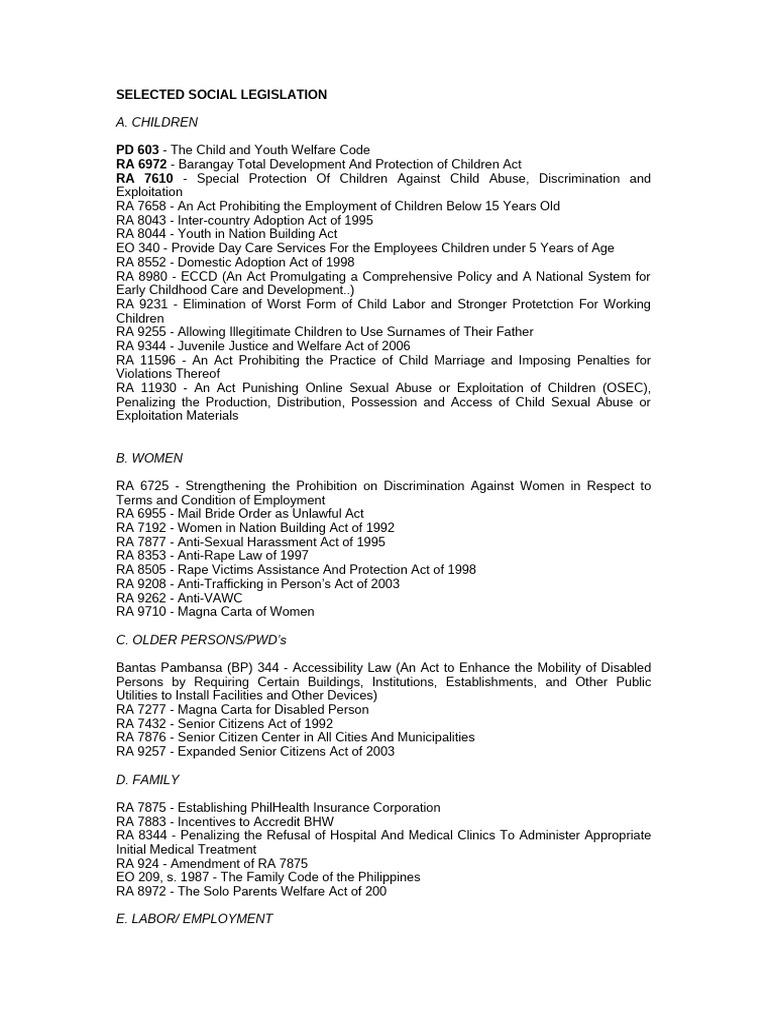 Key Social Legislation Overview | PDF | Human Rights | Justice