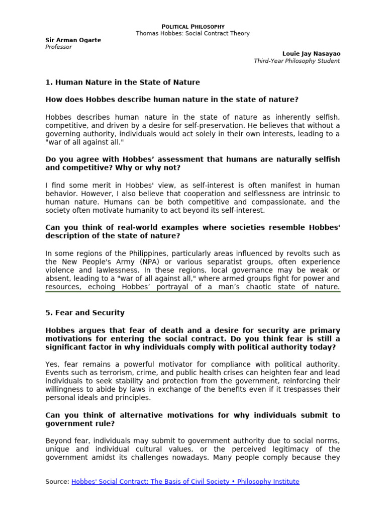 Thomas Hobbes - Social Contract Theory - Oct25 | PDF