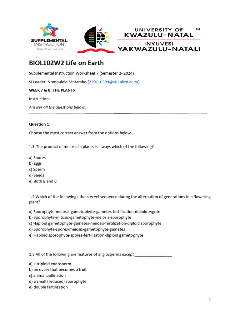 BIOL102W2 SI Worksheet 7 Nombulelo 2024 | PDF | Ploidy | Plant Reproduction