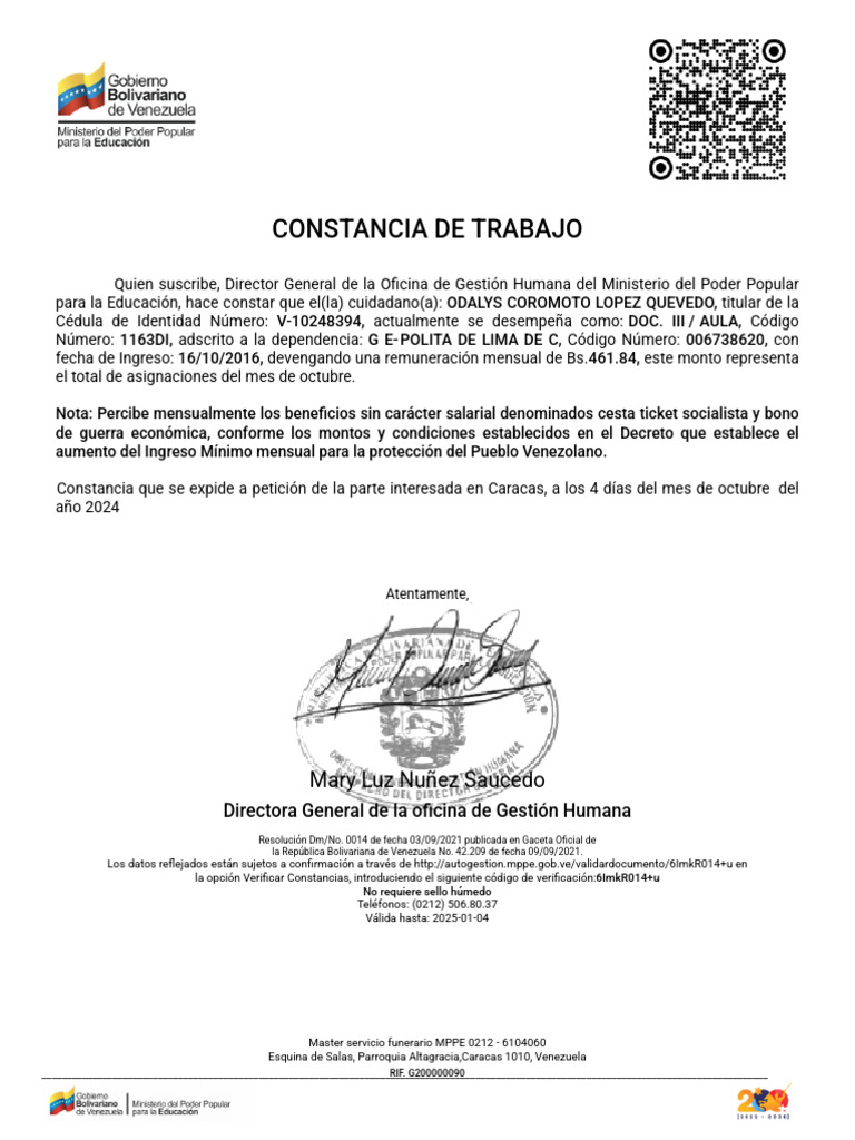 Constancia de Trabajo de Odalys Lopez | PDF