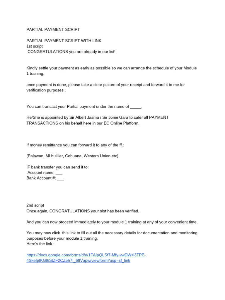 Partial & Full Follow Up Script | PDF | Services (Economics) | Service ...