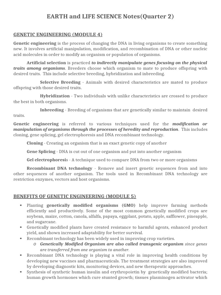 EARTH and LIFE SCIENCE Notes MODULE 4 and 5 | PDF | Genetic Engineering ...