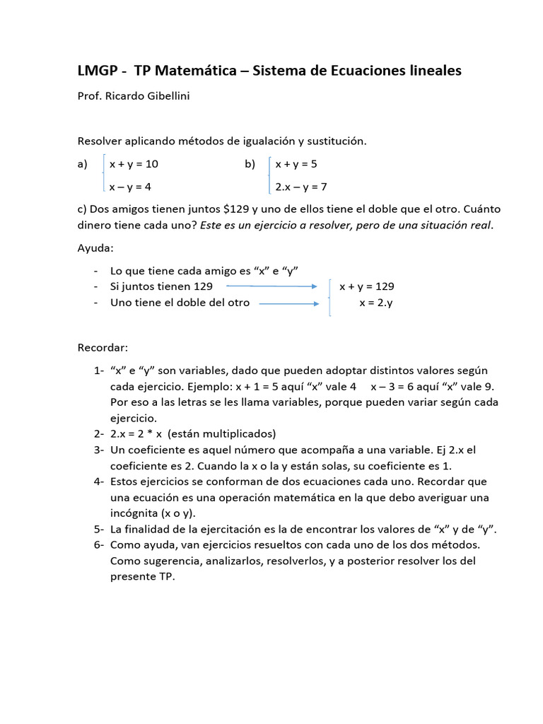 Ejercitacion Igualacion y Sustitucion | PDF