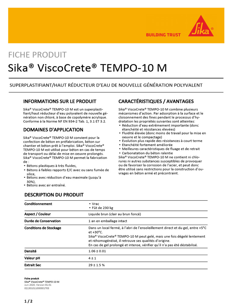 Sika Viscocrete Tempo-10m | PDF | Béton | Substances chimiques