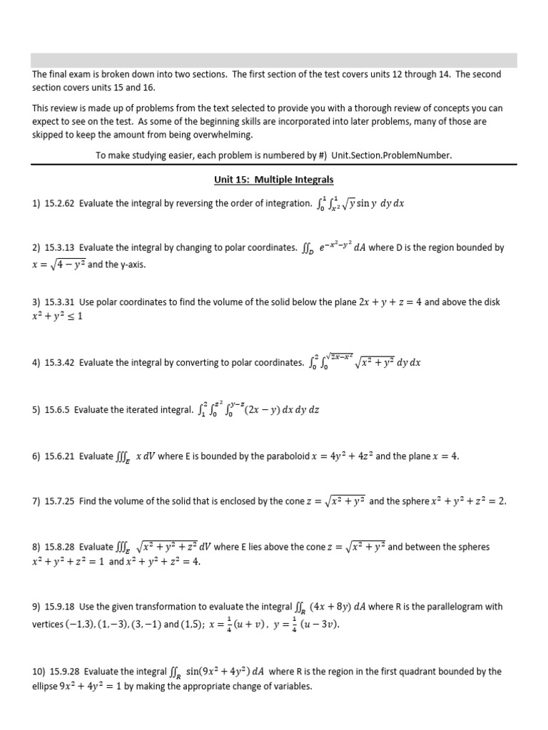 Multivariable Calculus Exam Review | PDF | Integral | Mathematical Concepts