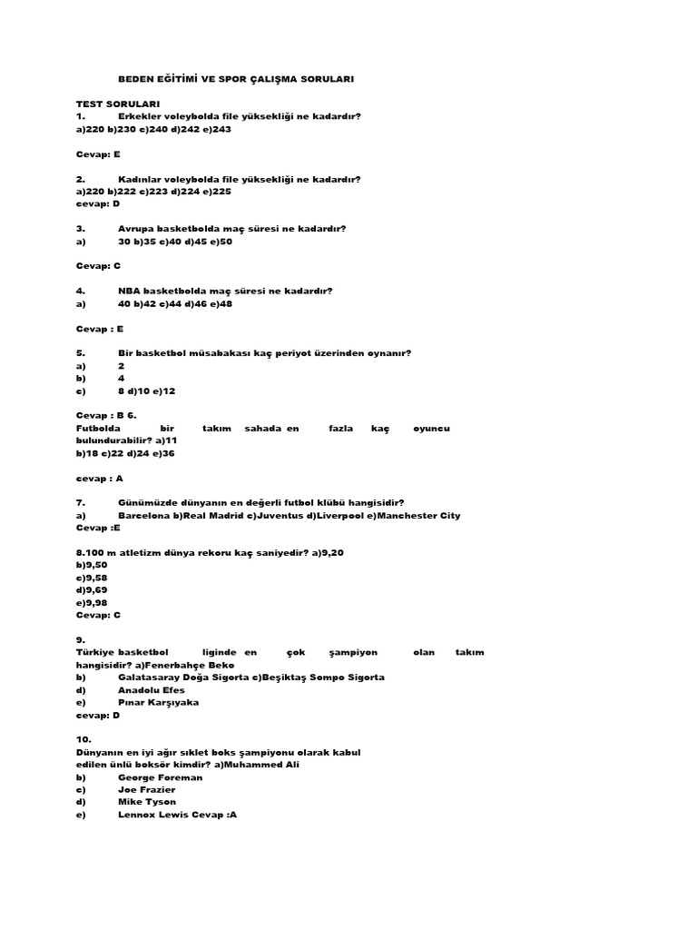 Sinif Tum Dersler Yazili Sinav Caliyma Sorulari | PDF