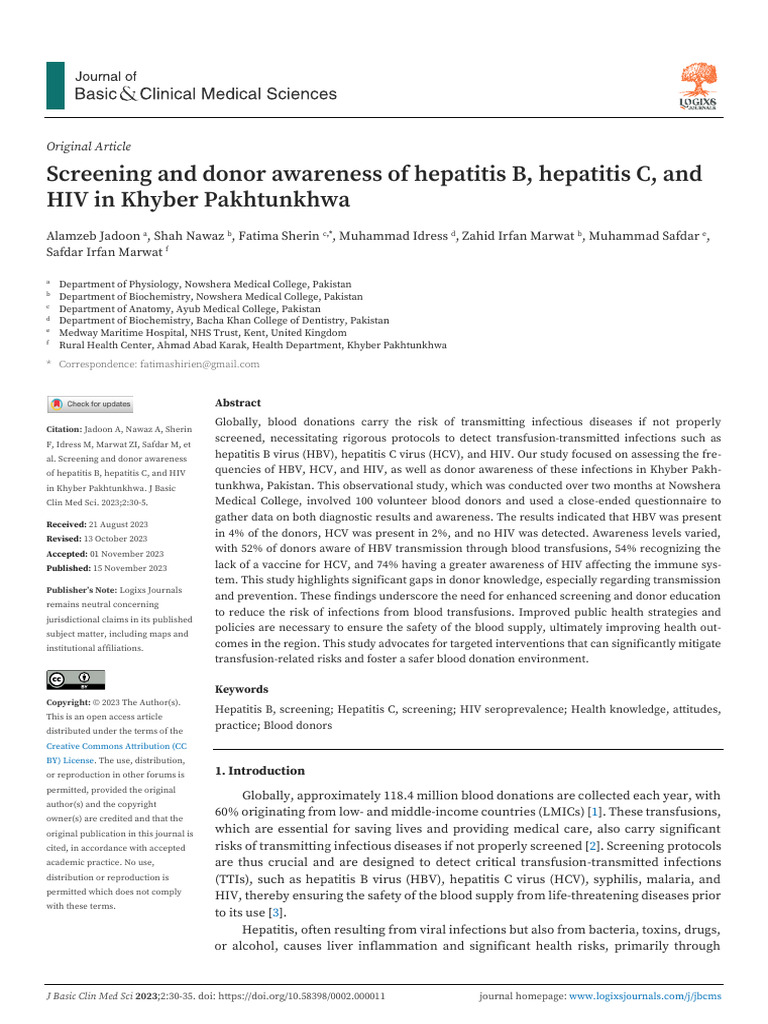 JBCMS Screening & Donor Awareness - 1 | PDF | Hepatitis B | Hepatitis C