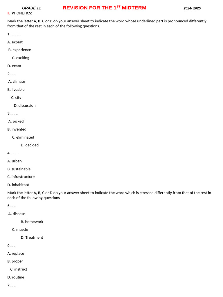 Grade 11 Midterm Test Revision 2024-2025 | PDF | Sleep | Optimism