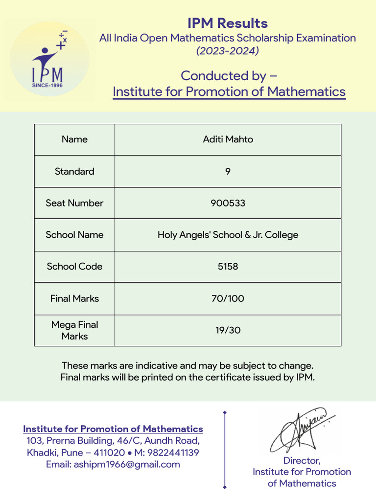 Conducted by - Institute For Promotion of Mathematics: IPM Results | PDF