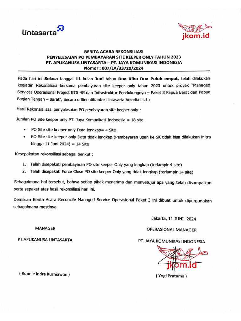 Berita Acara Rekonsiliasi Penyelesaian Penyelesaian Po Pembayaran Site ...