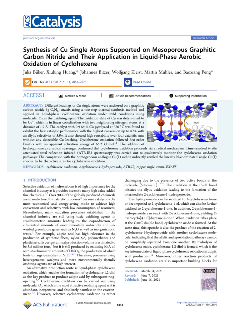 Cu Single Atoms on g-C3N4 for Cyclohexene Oxidation | PDF | Catalysis ...