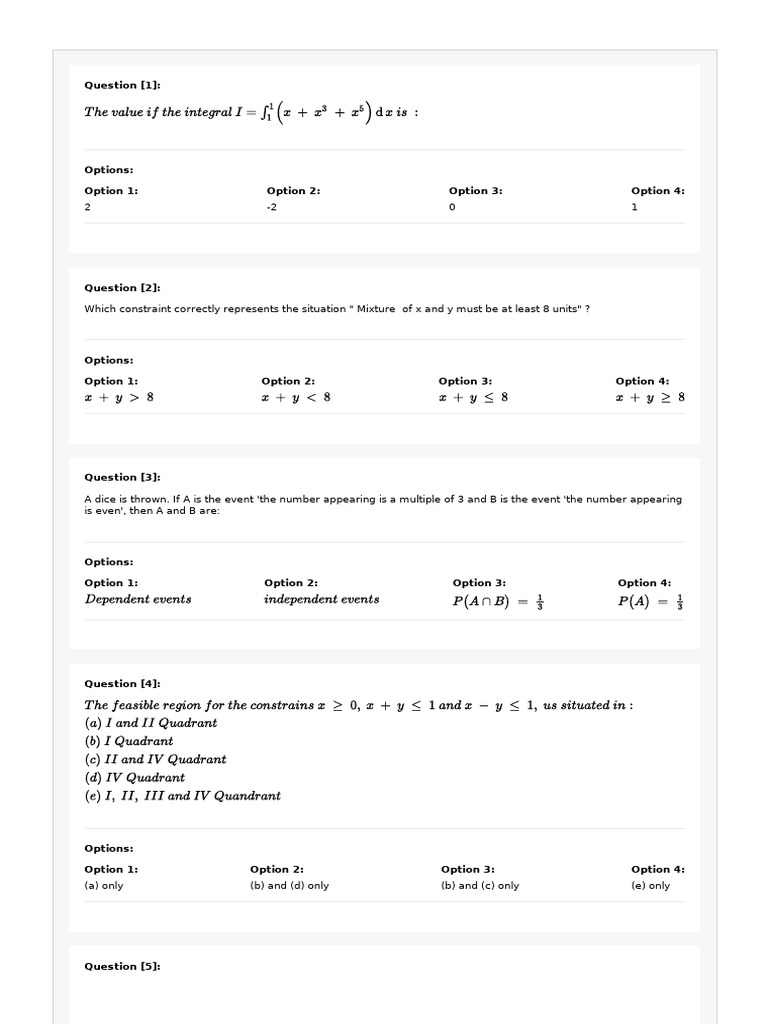 Math Problem Set with Multiple Choice Answers | PDF | Integral ...