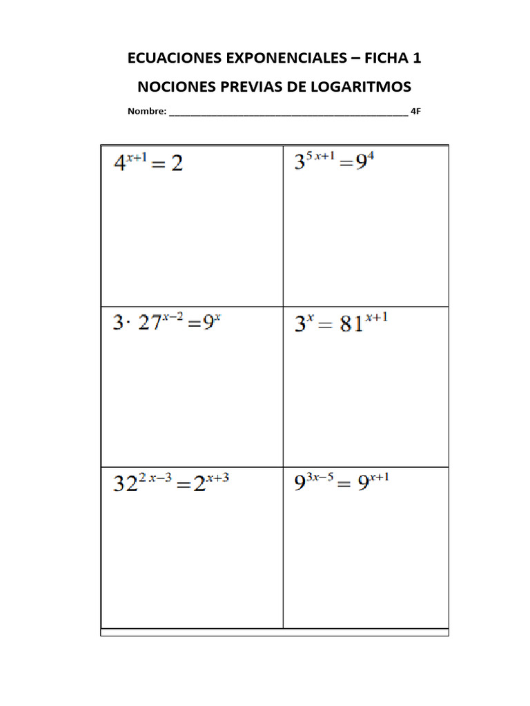 Ficha 1 4F Ecuaciones Exponenciales (Nociones Previas Al Logaritmos) | PDF | Finanzas y dinero