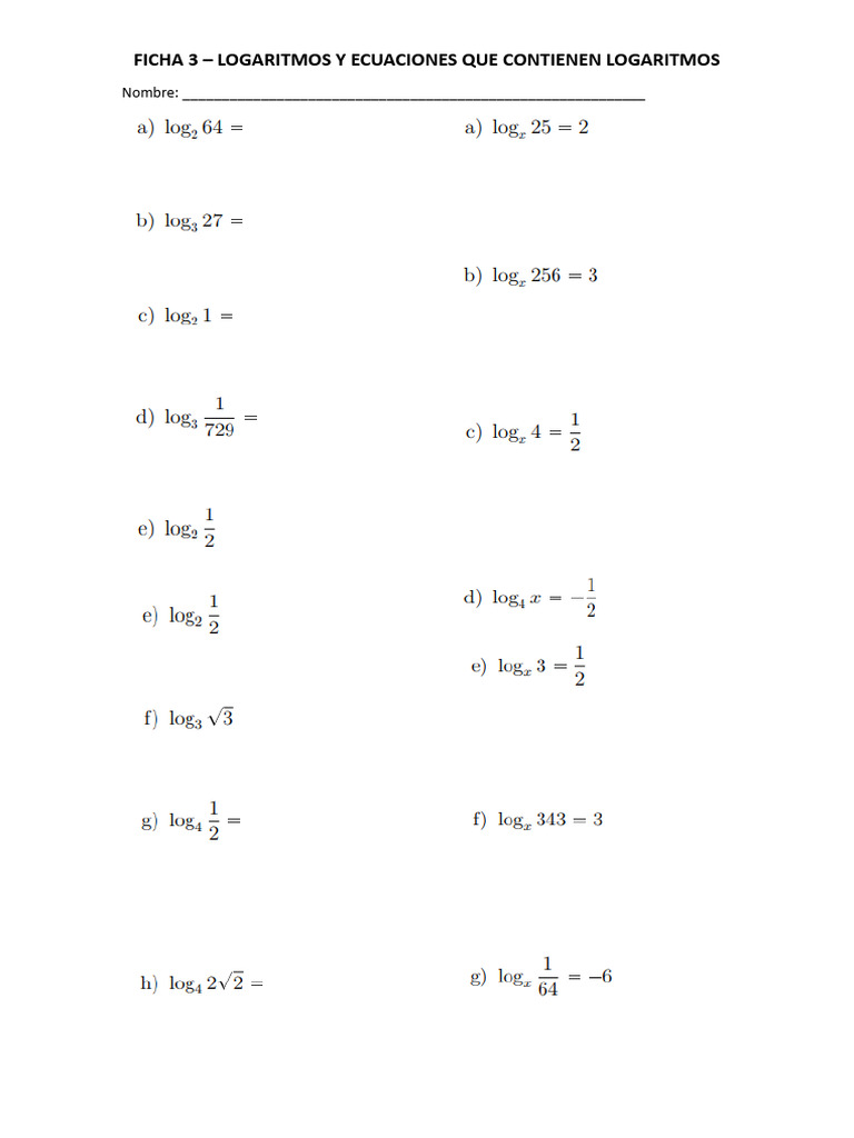 Ficha 3 Logaritmos y Ecuaciones Que Contienen Logaritmos | PDF