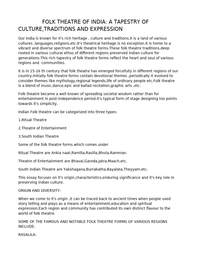 Folk Theatre of India - Me22btech11011 - Essay | PDF | Performing Arts