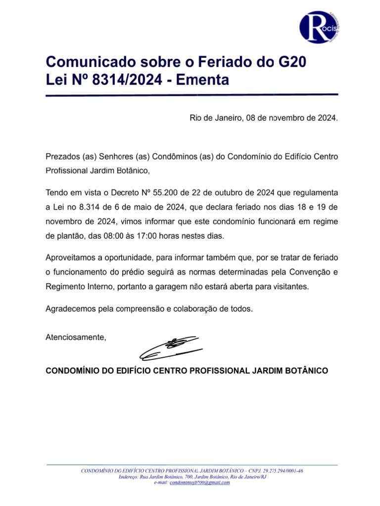 Comunicado Feriado G20 | PDF