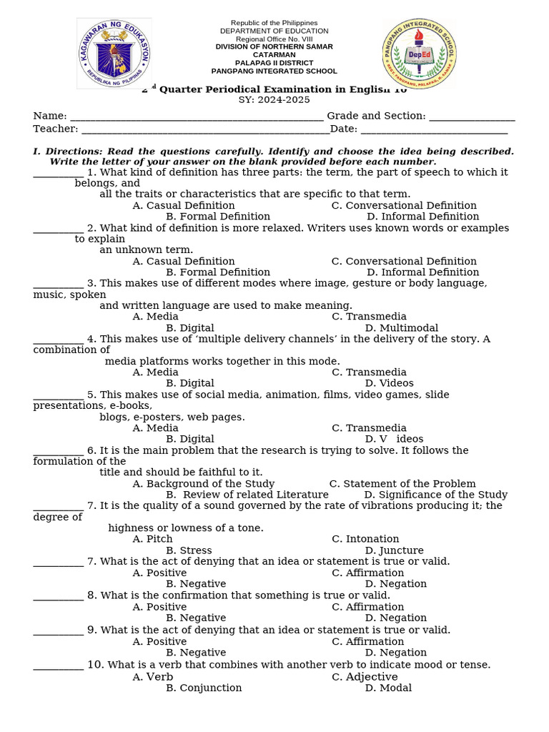2ND QT EXAM - ENG 10 | PDF | Verb | Adjective