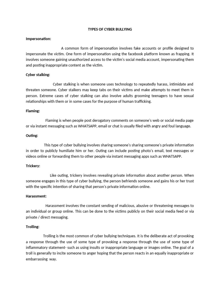 Types of Cyber Bullying-1 | PDF | Cyberbullying | Stalking