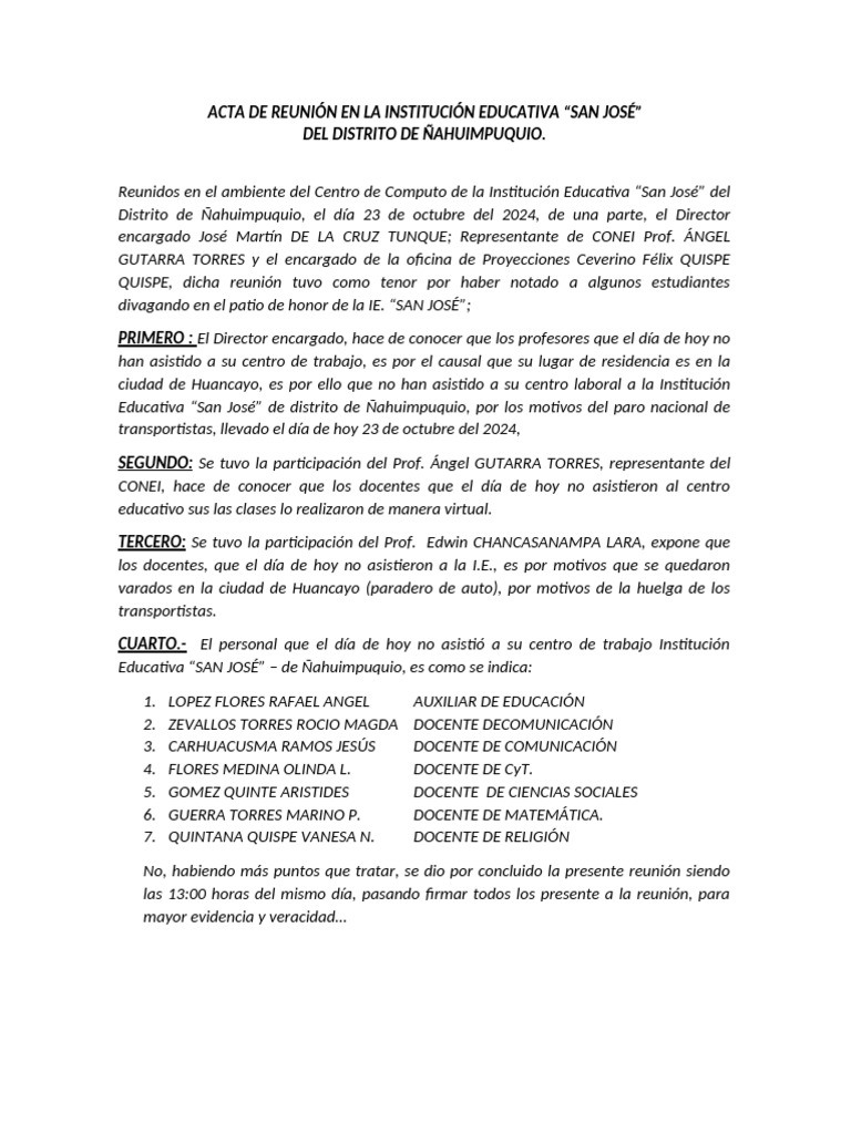 Acta de Reunión en La Institución Educativa | PDF | Ciencias sociales