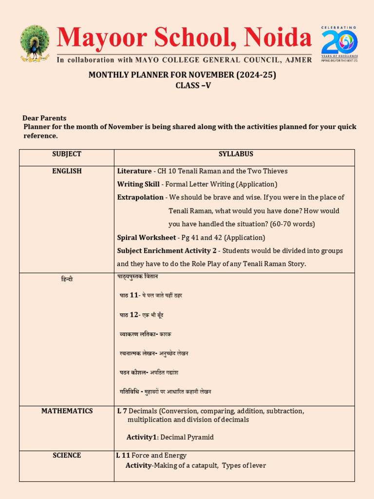 Class 5 November Monthly Planner - 2024-25 | PDF | Foreign Language Studies